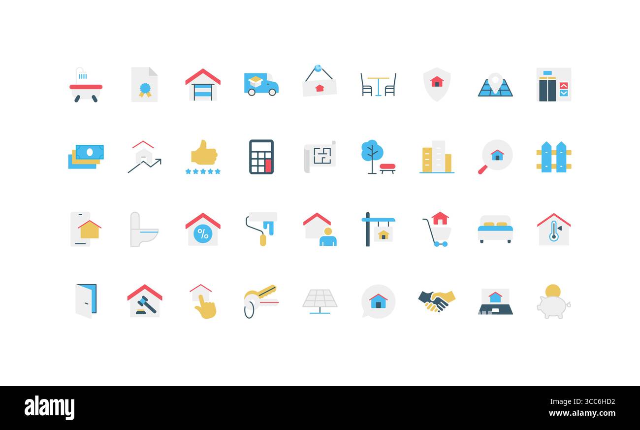 Modern flat style real estate icons including house, money, contract ...