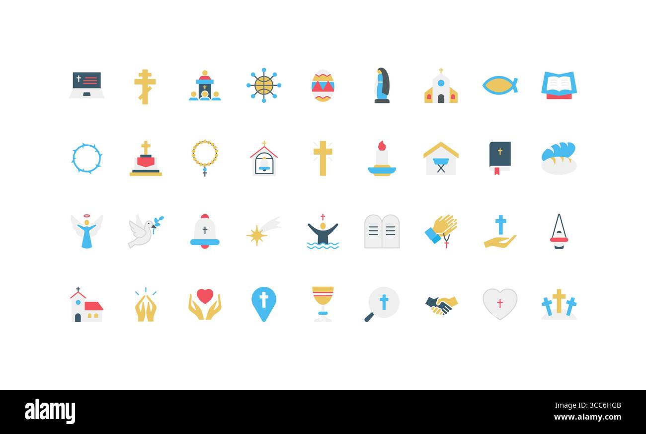 Christianity symbols collection featuring church, cross, bible, angel ...