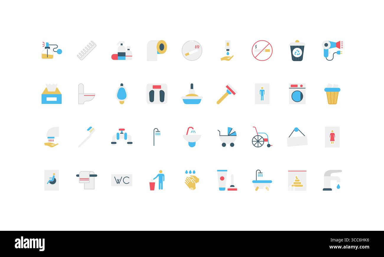 Collection of simple flat restroom icons including hygiene, cleaning ...