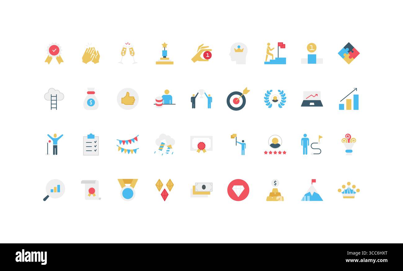 Collection of flat style icons representing success, achievement ...
