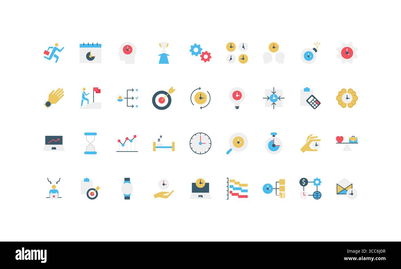 Collection of flat style icons representing time management ...