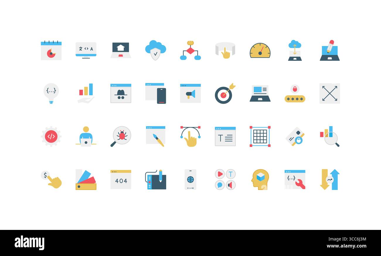 Modern flat style web development icons including coding, analytics ...