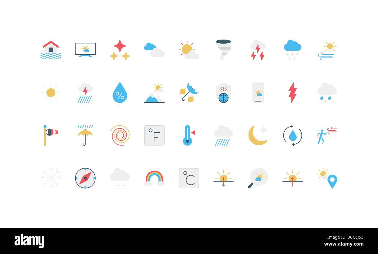 Minimal flat weather icons set includes sun, rain, wind, temperature ...