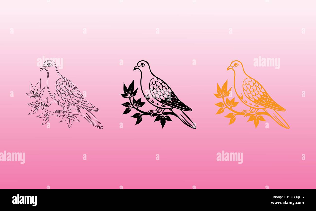 Artistic Doves on Branches: Detailed Vector Illustrations with Outline ...