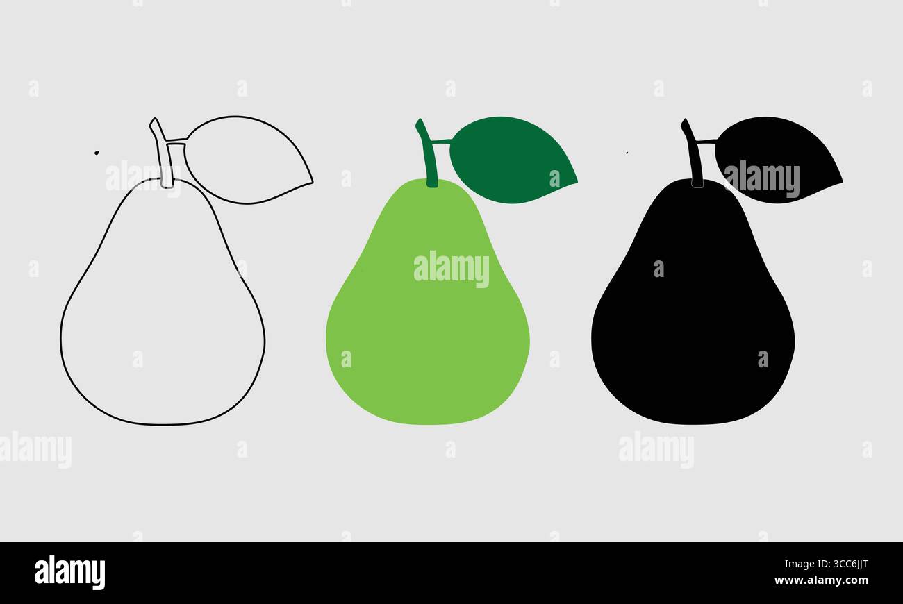 Stylized Pear Illustrations: Simple Outline, Green with Leaf, and Bold ...