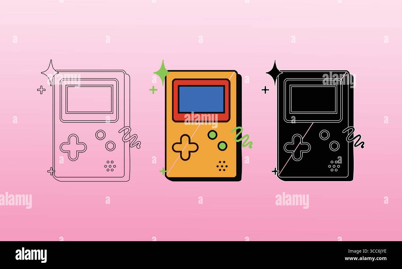 Retro Handheld Game Console Icons in Outline, Color, and Silhouette ...