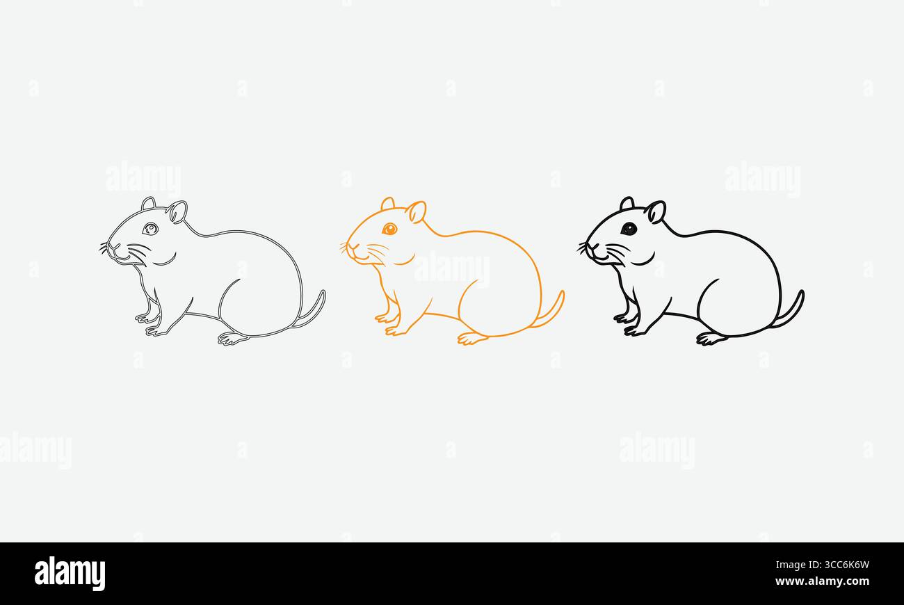 Cute Hamster or Rat Illustrations in Outline, Orange, and Black Styles ...