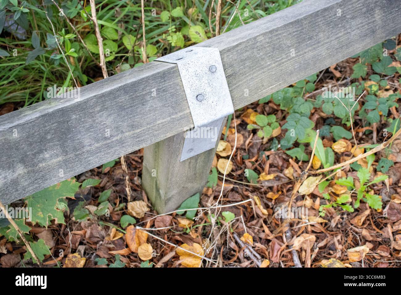 low wooden post and rail fence with Autumn leaf litter and weeds Stock ...