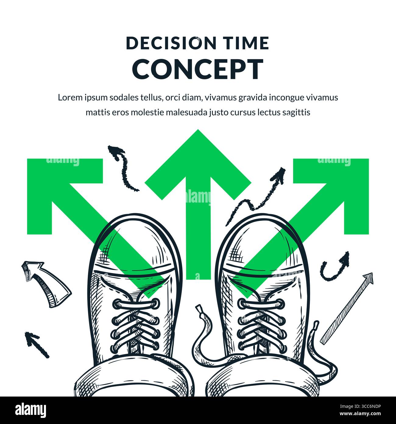 Feet in sneakers at crossroads with green arrows. Vector sketch collage ...