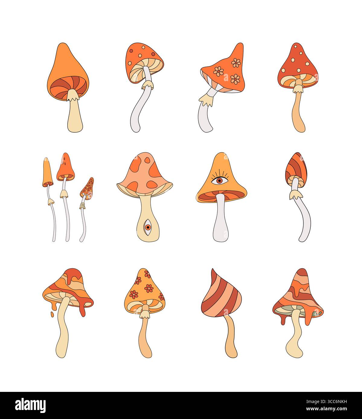 Set of vintage groovy mushrooms flat vector illustration in 70s and 80s ...