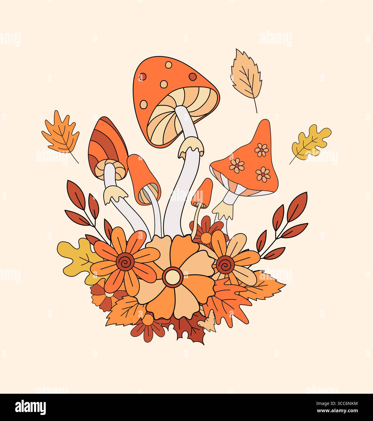 Stylized retro 70s hippie mushrooms flat vector illustration. Autumn ...