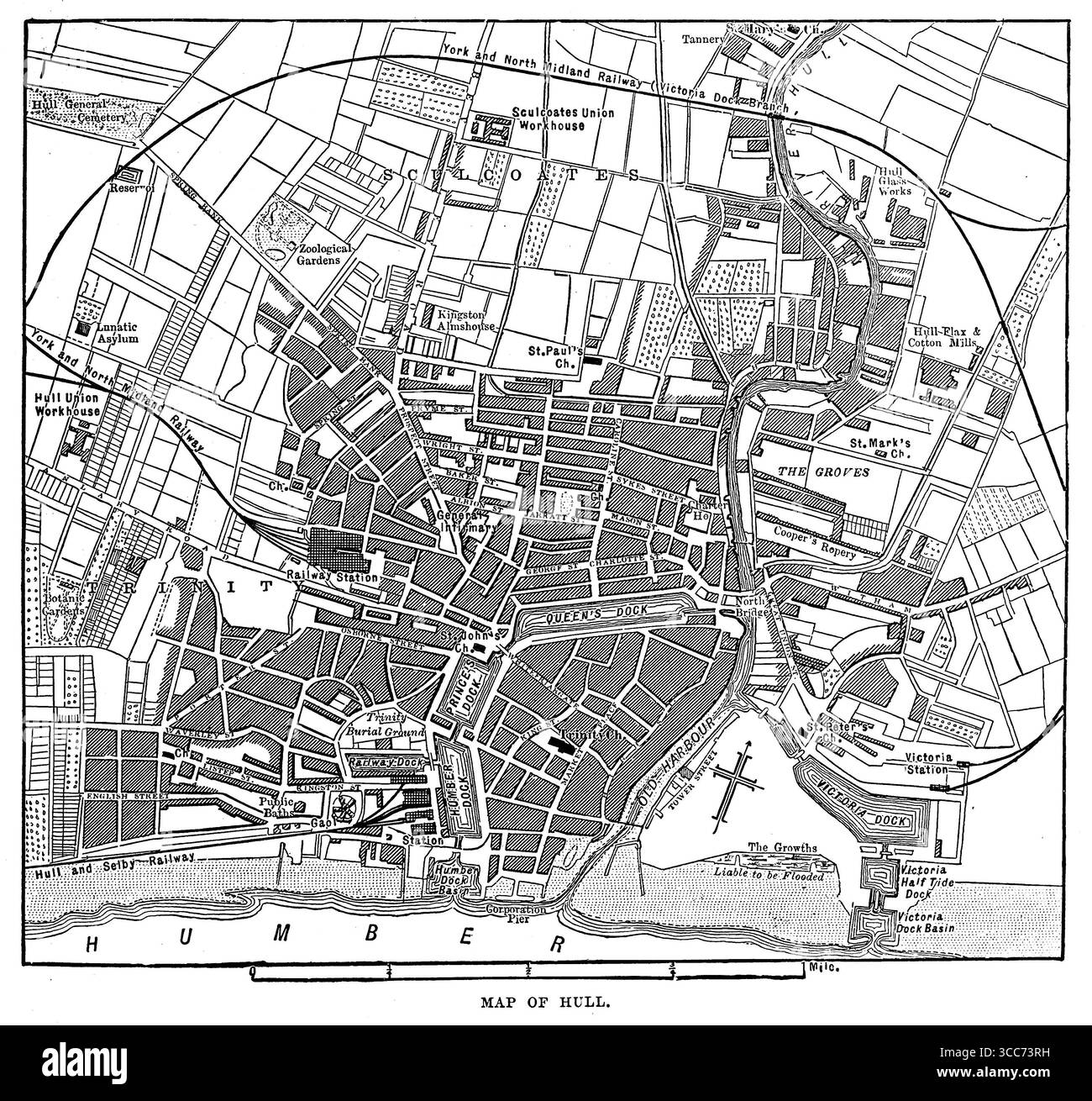 Map of Hull, East Yorkshiren the late 19th century. Black and White ...