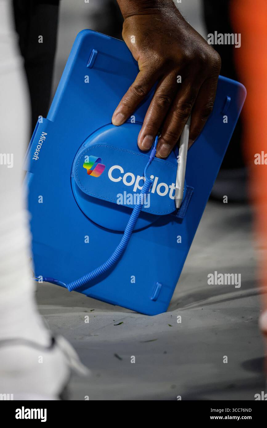 A Microsoft Copilot tablet on the sidelines during preseason NFL ...