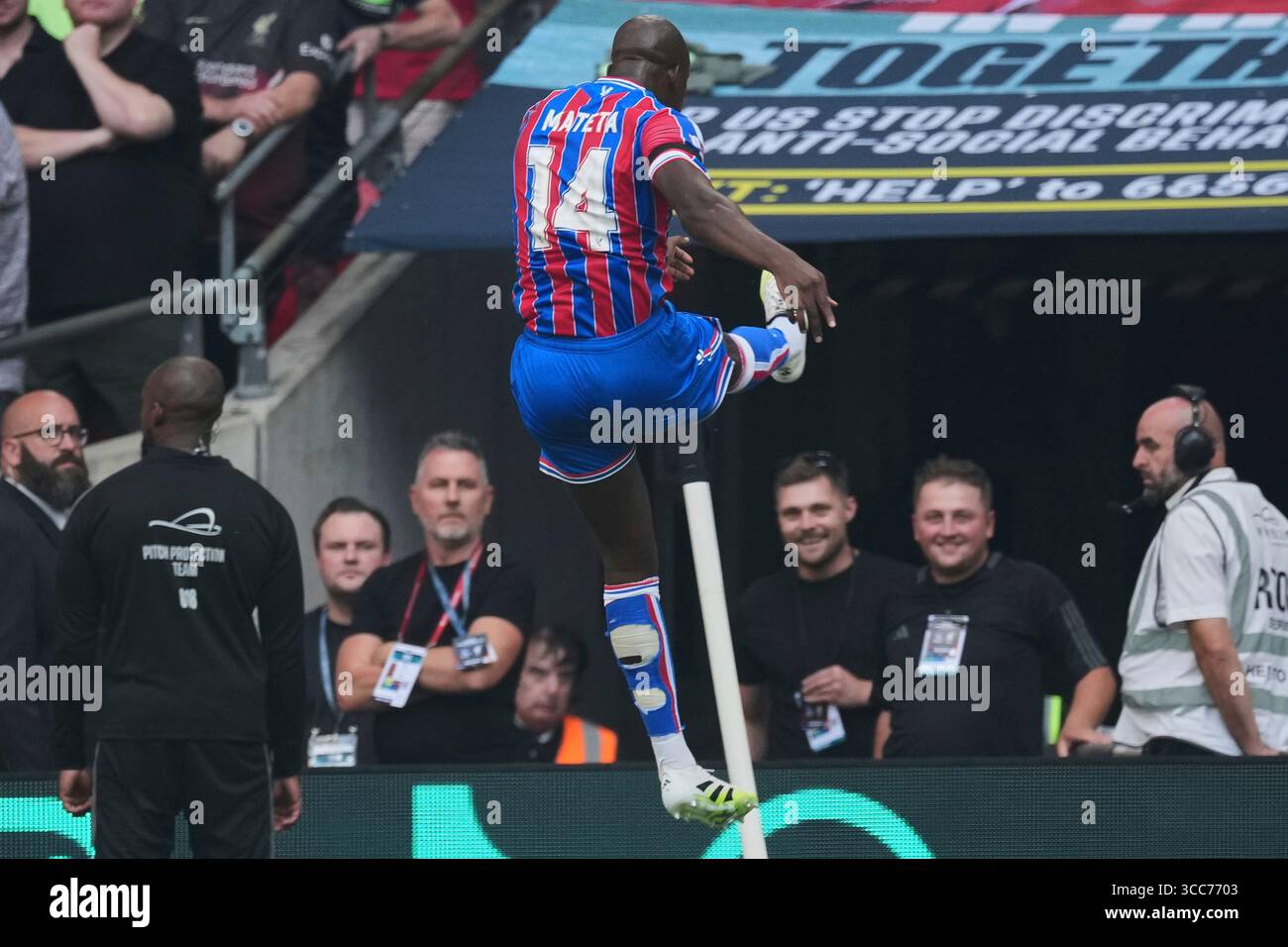 Crystal Palace's Jean-Philippe Mateta kicks a corner flag after scoring ...