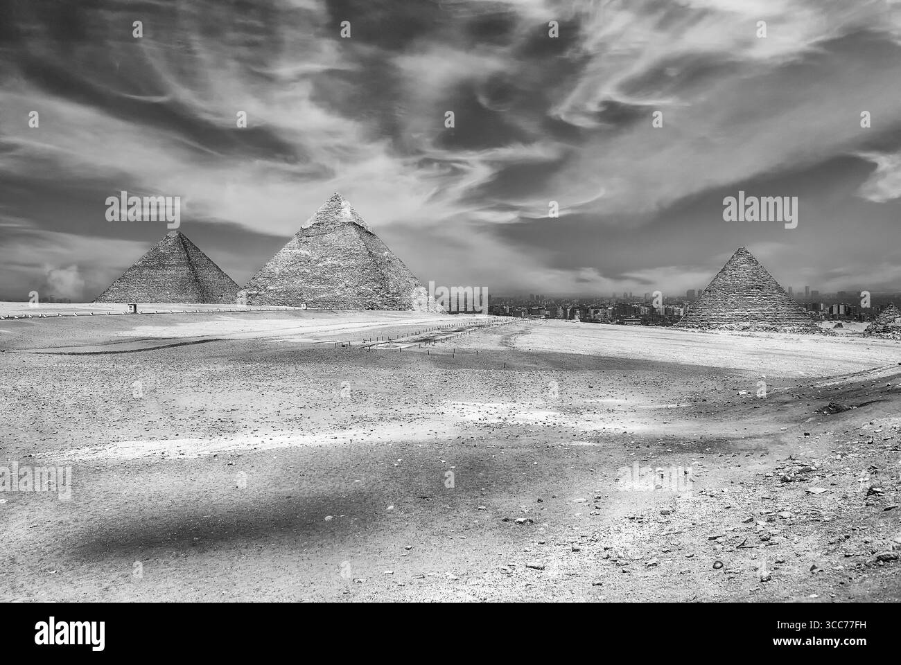 Scenic view over the three main Pyramids of the Giza pyramid complex in Cairo, Egypt Stock Photo ...