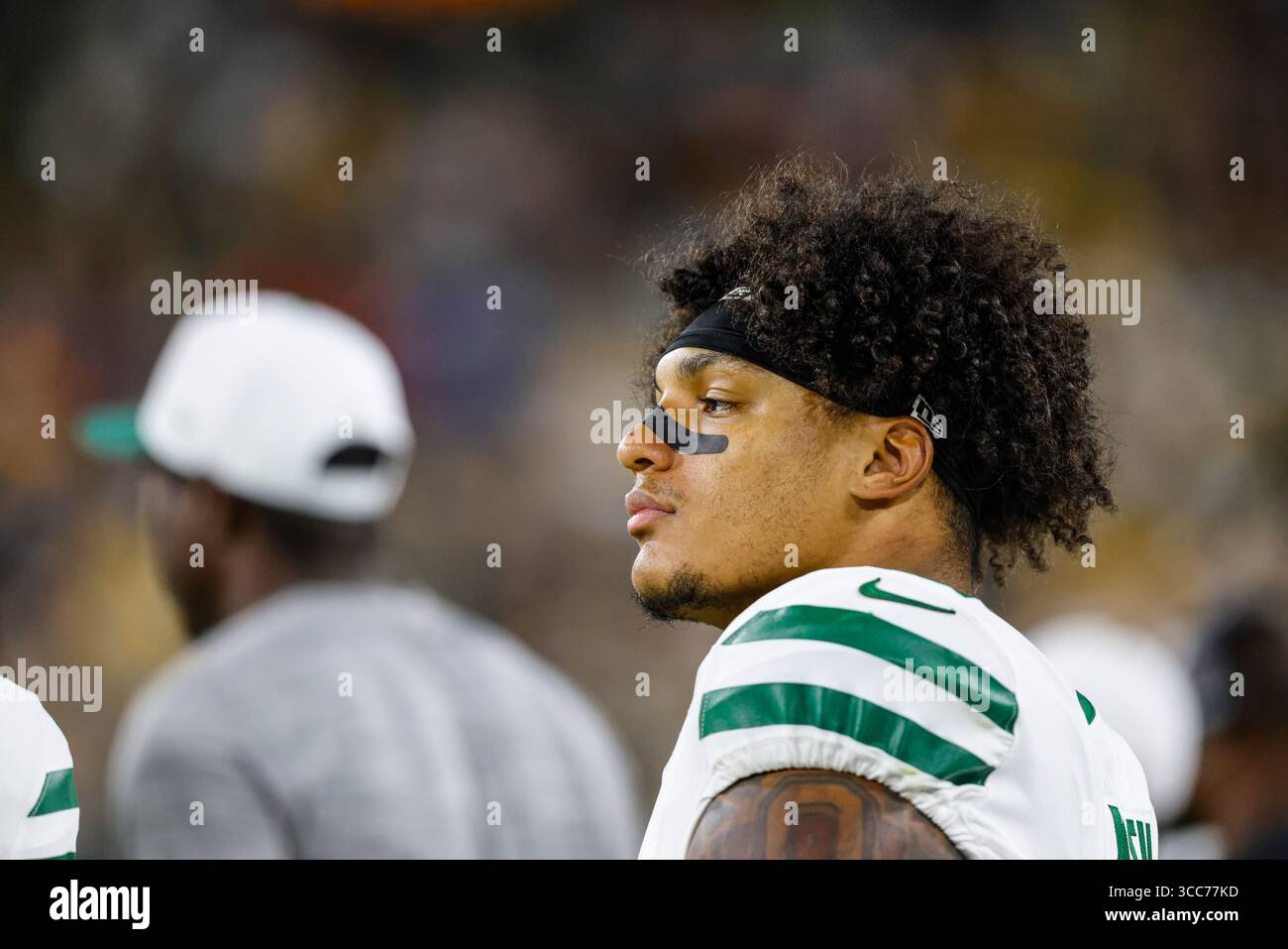 New York Jets running back Braelon Allen (0) stands on the sidelines ...