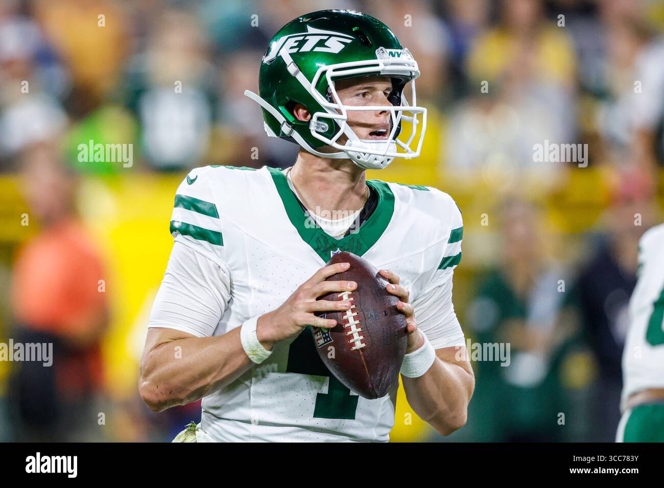 New York Jets quarterback Brady Cook (4) looks to pass during a ...
