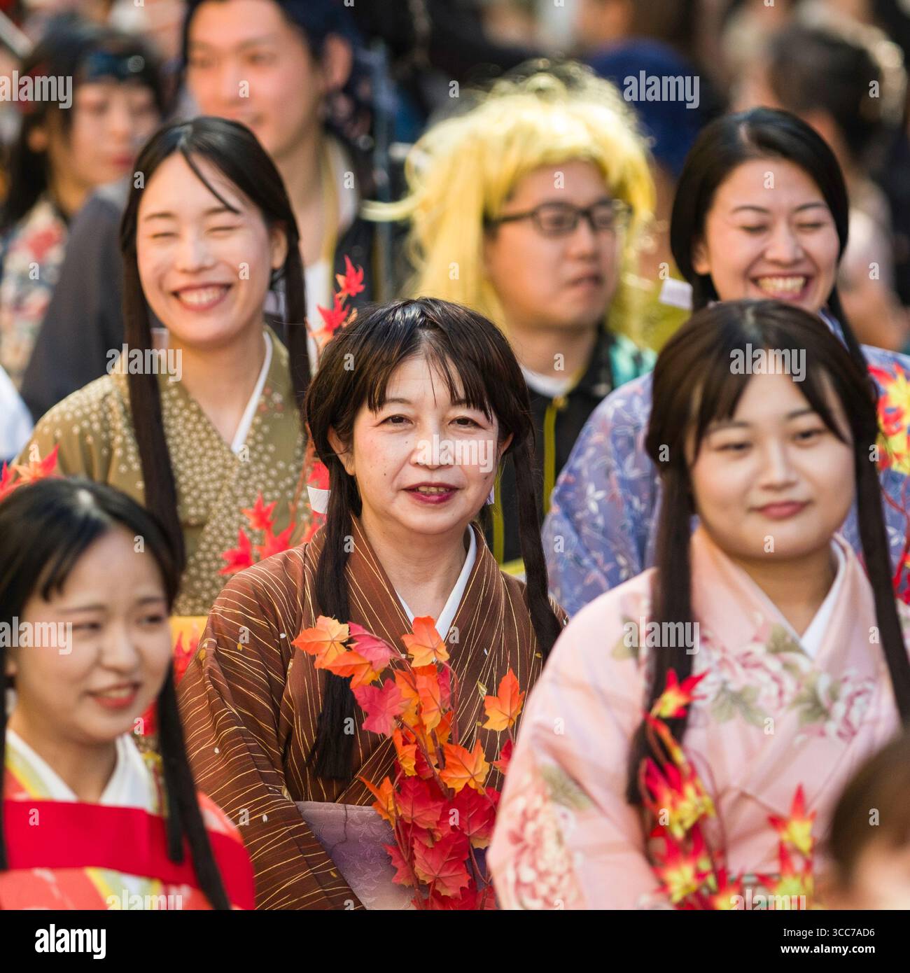 Women dressed in traditional Japanese kimonos during the Machida Jidai ...