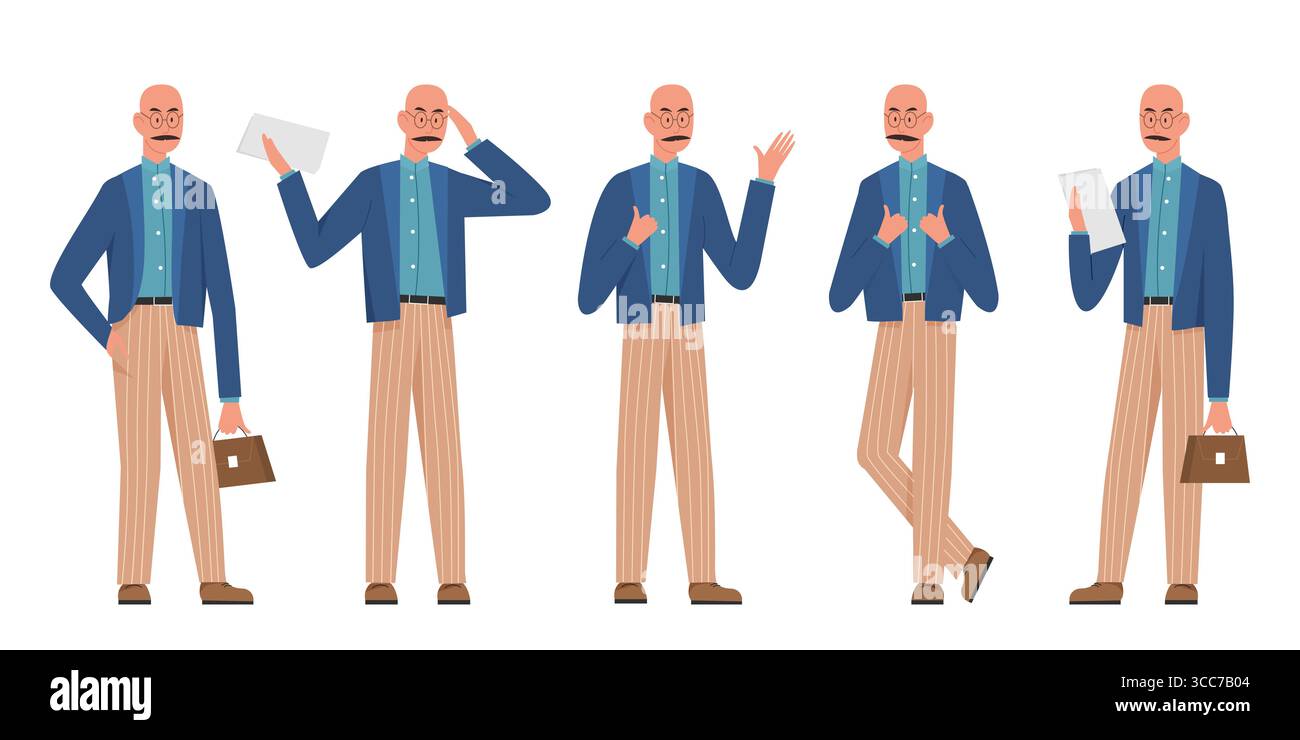 Bald businessman in different confident poses on white background ...
