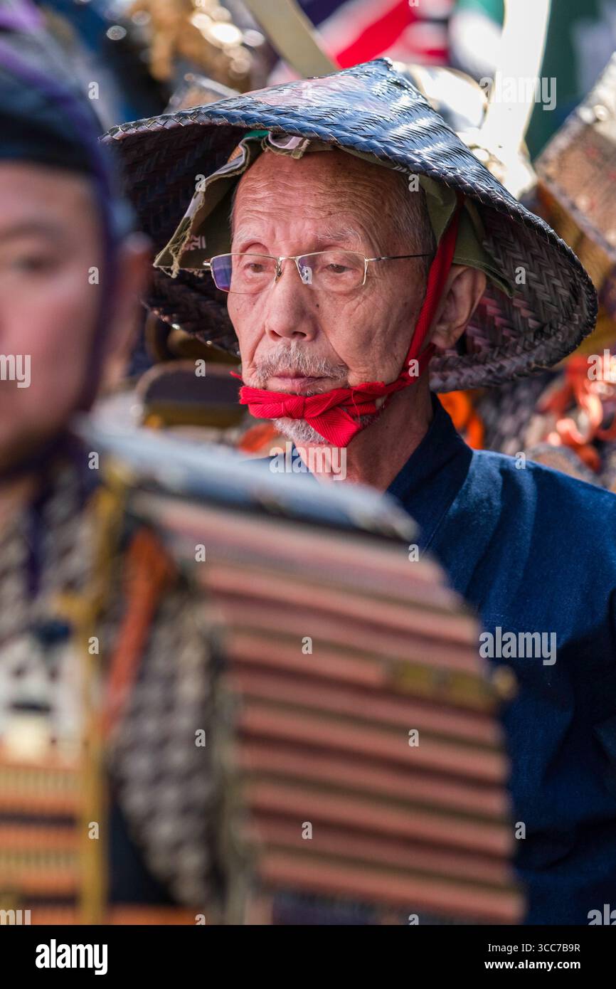 Portrait of elderly man dressed as Japanese feudal servant before the ...