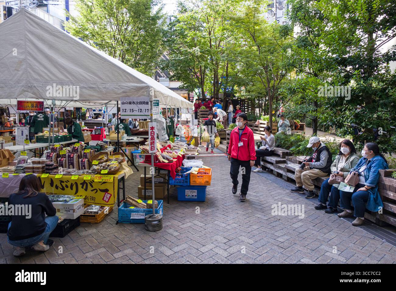 Various items for sale from vendors under white tarp shelters in ...