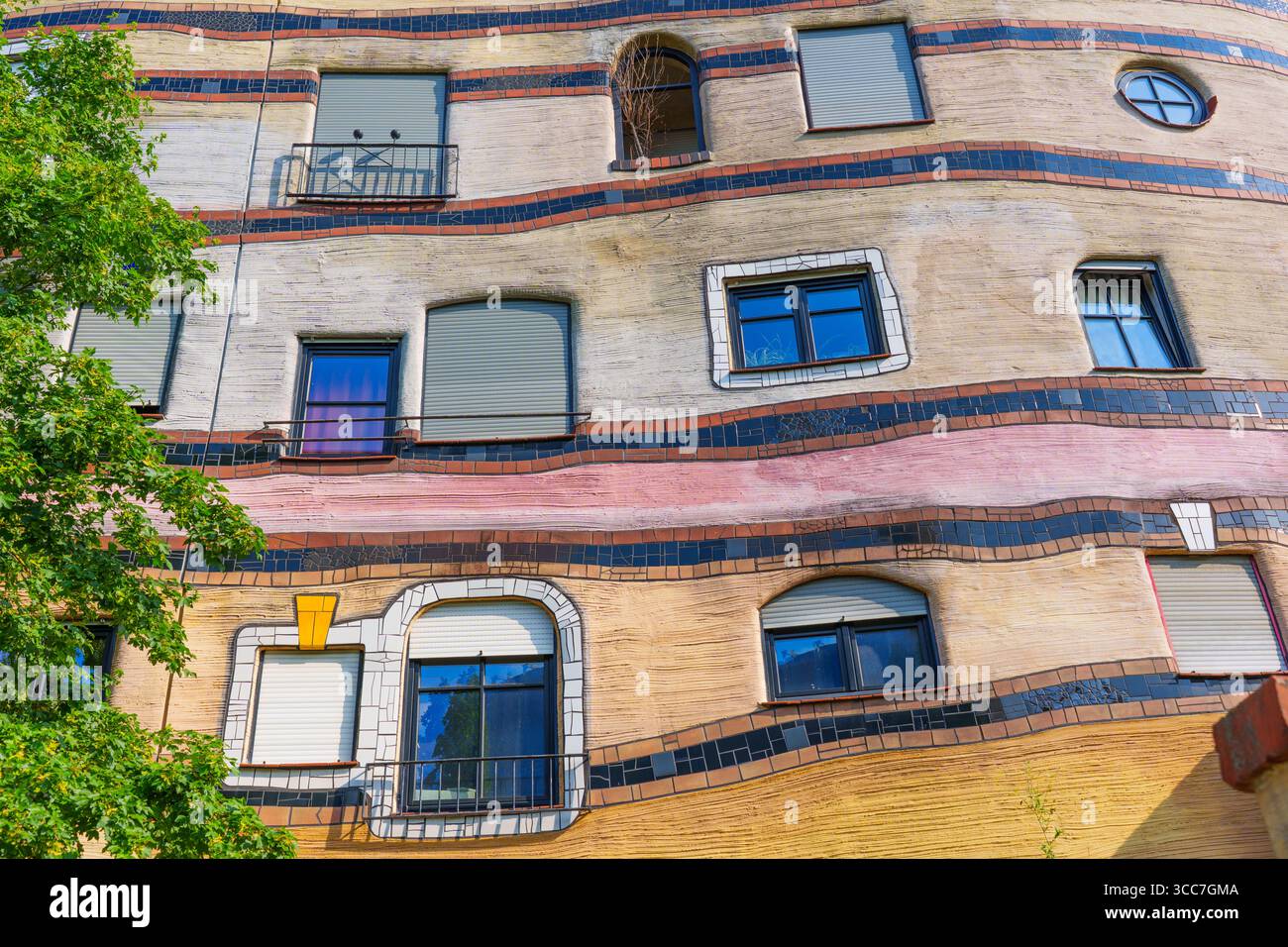 Colorful facade of the Waldspirale residential complex in Darmstadt ...