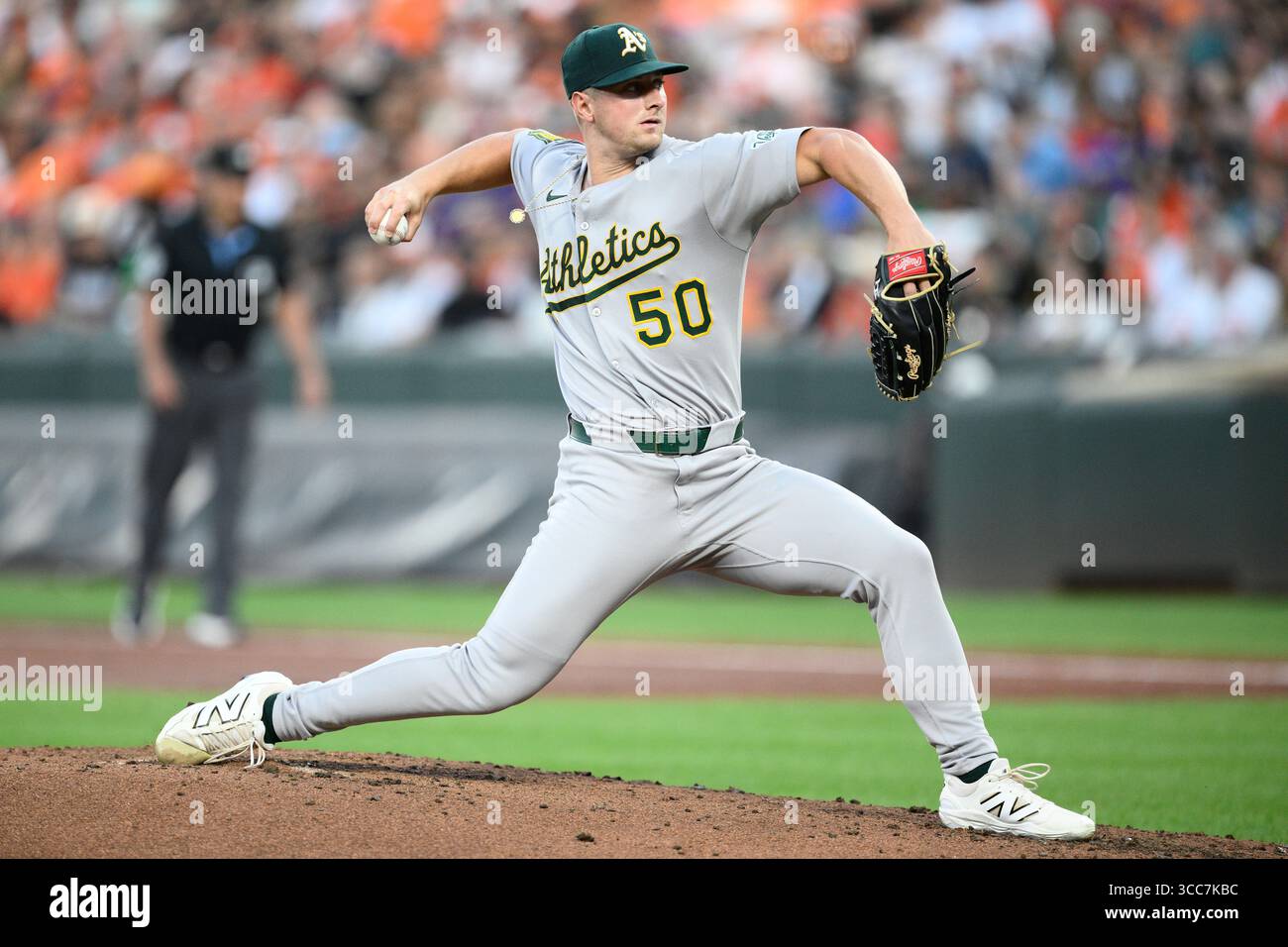 Athletics pitcher Jack Perkins (50) in action during a baseball game ...