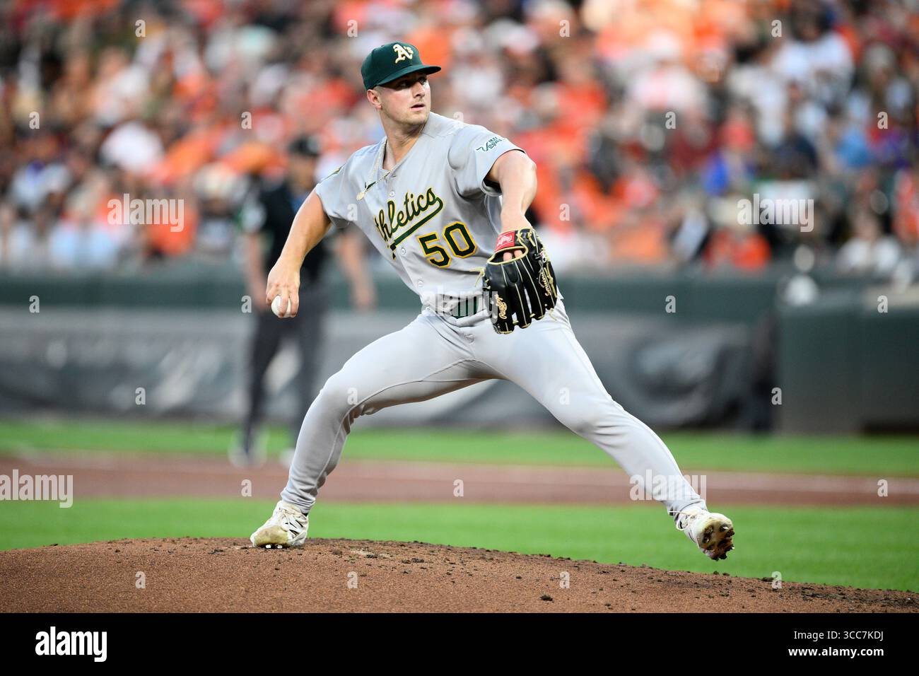 Athletics pitcher Jack Perkins (50) in action during a baseball game ...