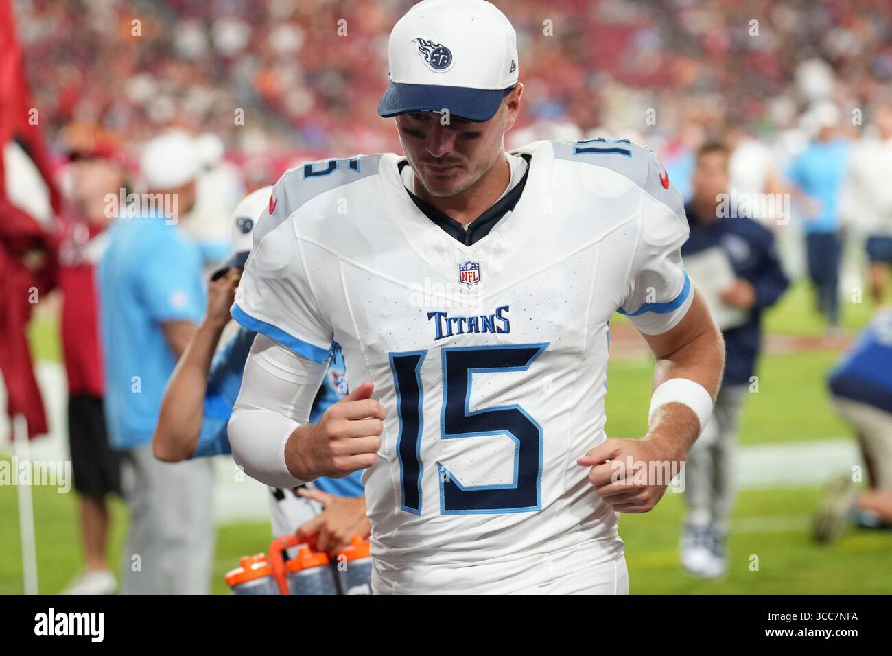 Tennessee Titans quarterback Tim Boyle (15) leaves the field at half ...