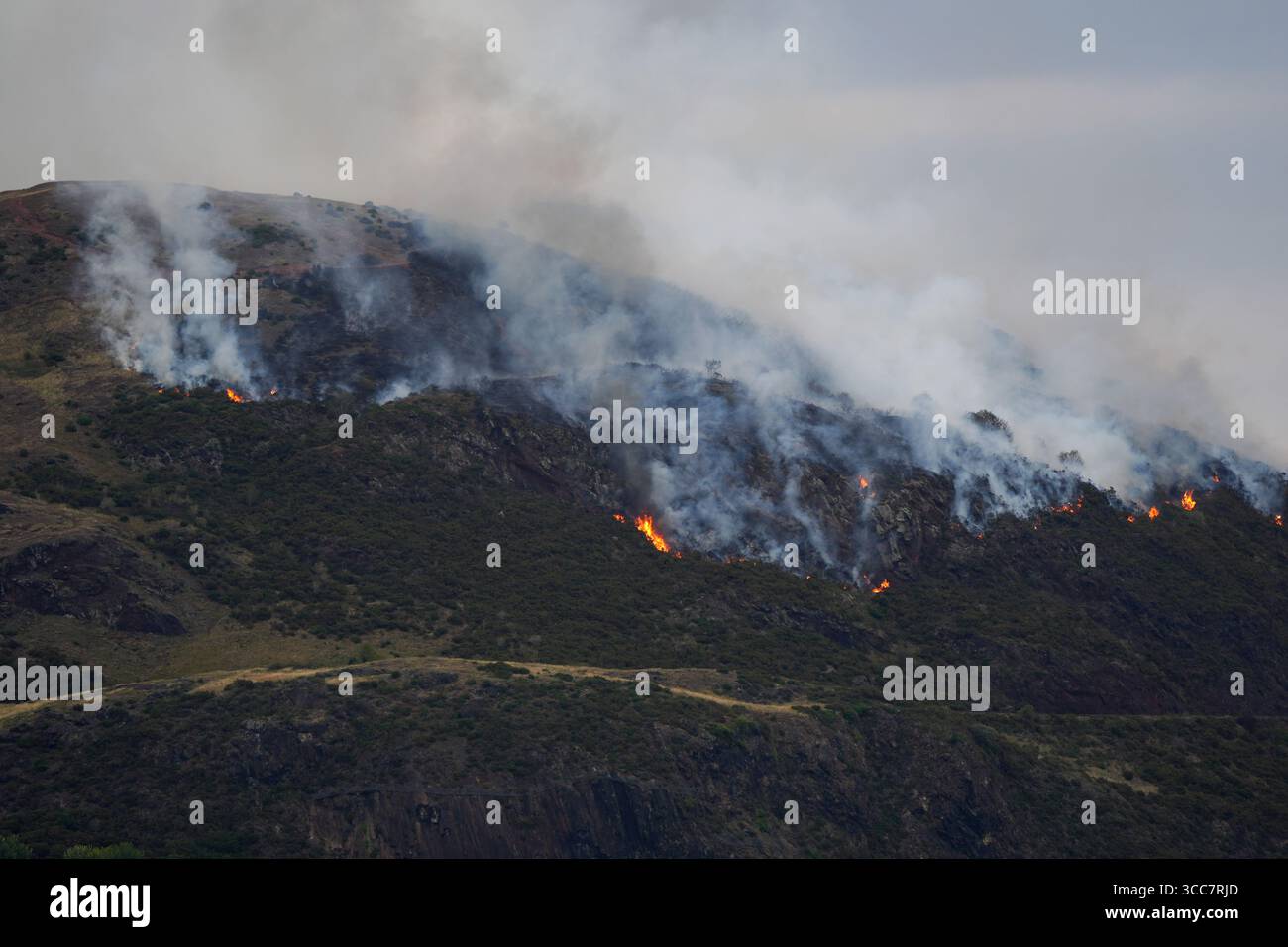 View of flames and smoke from a fire on Arthur's Seat in Holyrood Park ...