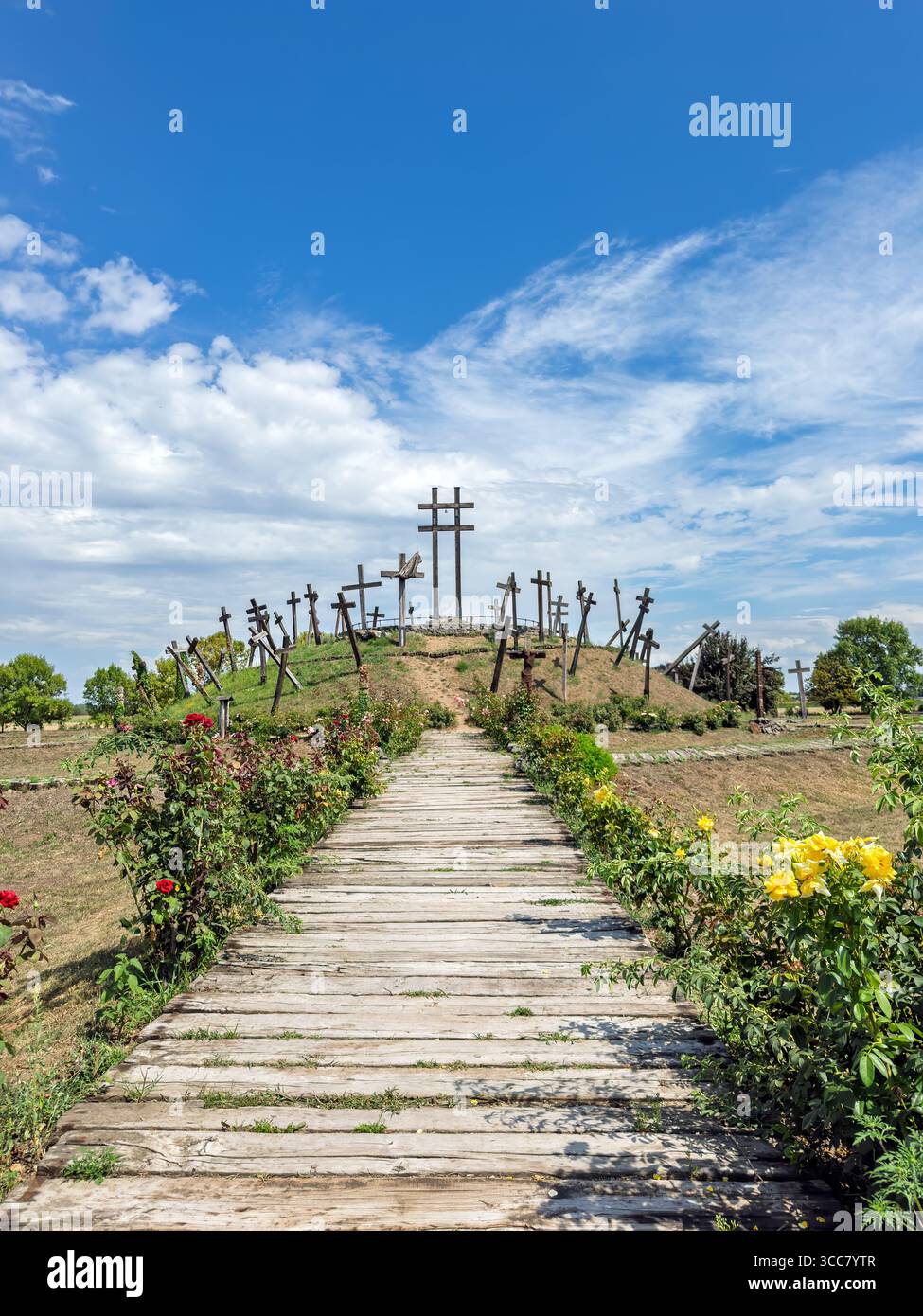 A historical landmark in Hungary. The memorial crosses at Muhi stand in ...