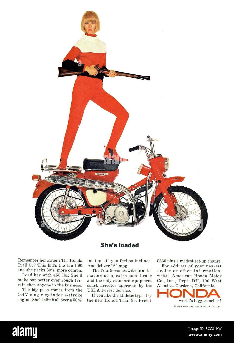 1964 Honda Trail 90 Motorcycle ad, "She's loaded Stock Photo - Alamy