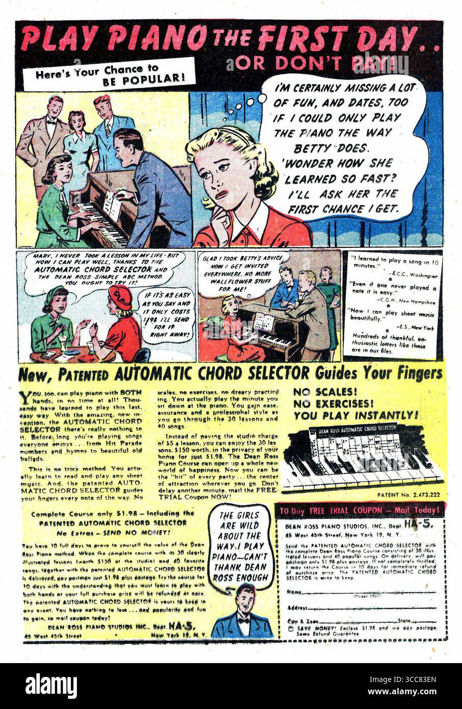 1950 Dean Ross Piano Studios Automatic Chord Selector ad Stock Photo ...