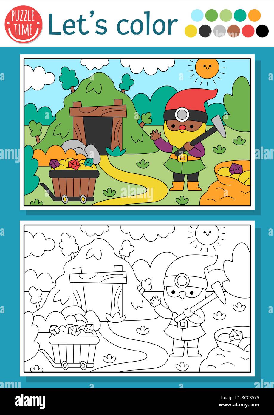 Pre-made coloring page for children with dwarf miner and forest scene ...