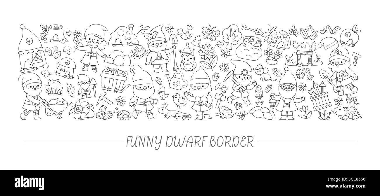 Vector coloring page horizontal frame with dwarf, forest animals ...