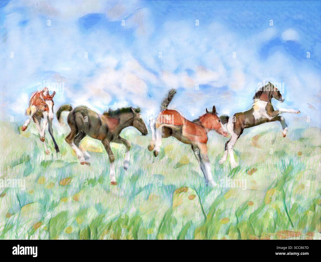 Composite group of horse foal baby animals leaping in meadow. Stylized ...
