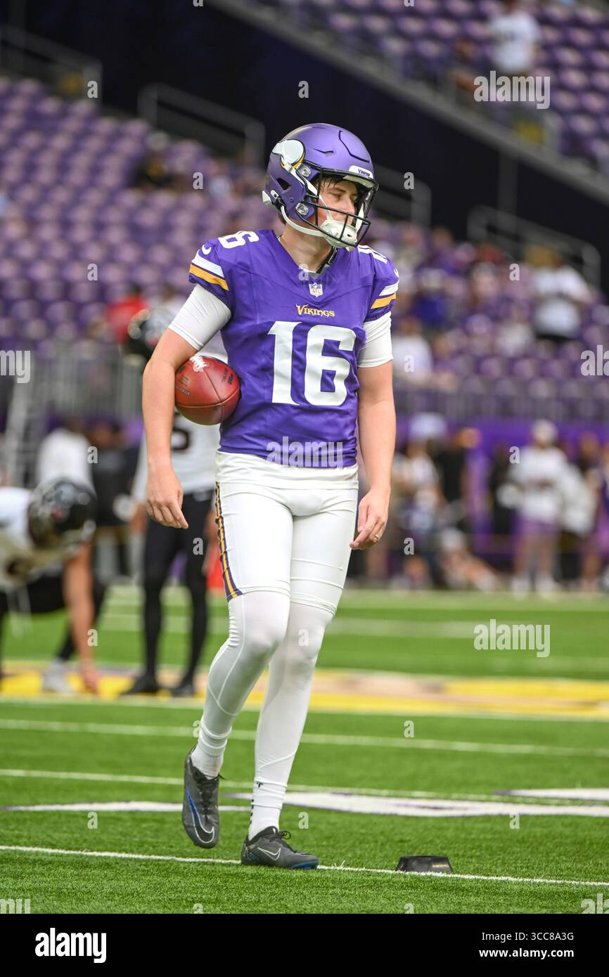 Minnesota Vikings place kicker Will Reichard (16) walks onto the field ...