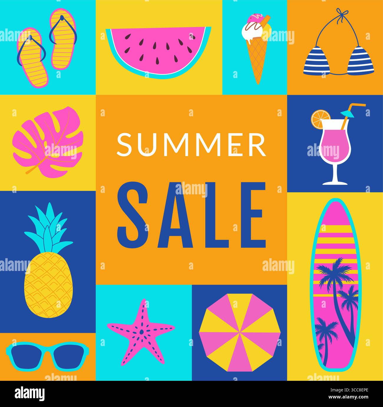 Summer sale poster in geometric style. Summertime elements background ...