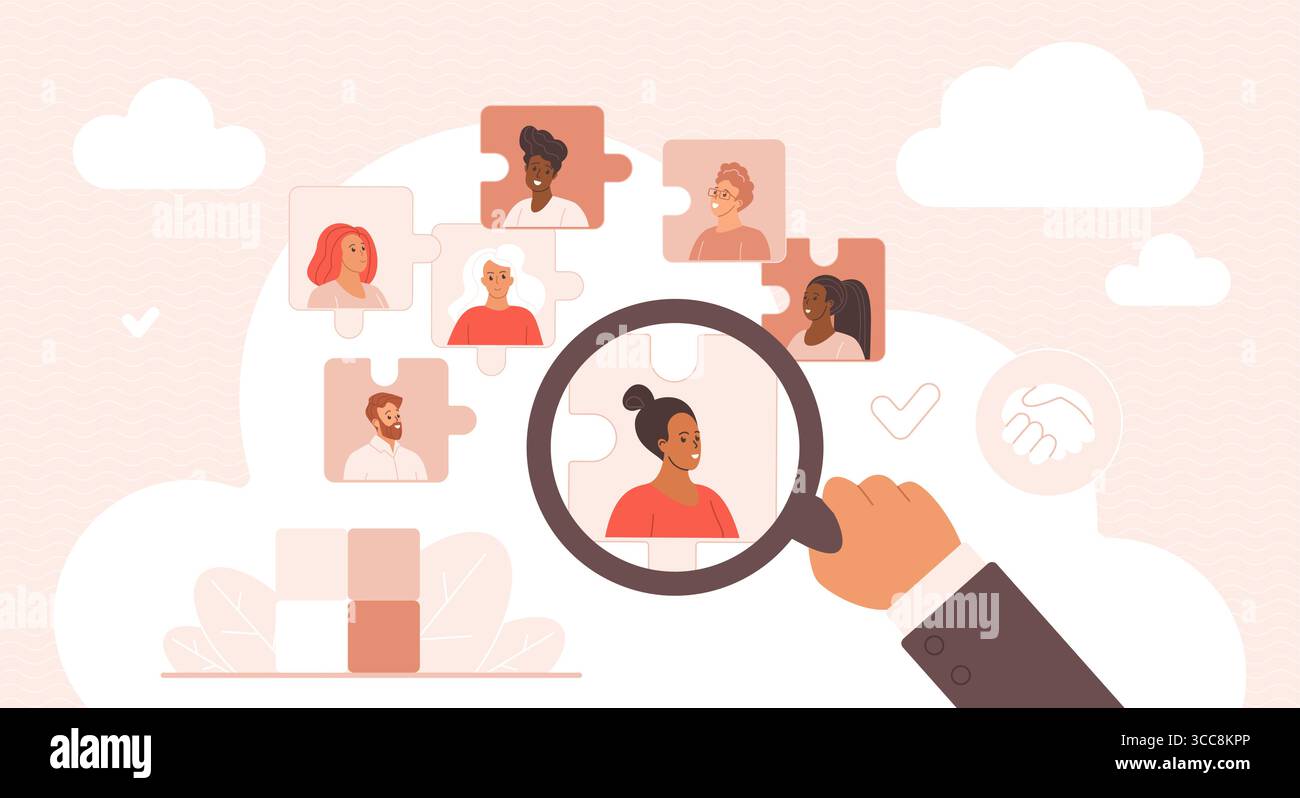 Recruitment and Selection concept showing hand with magnifying glass ...