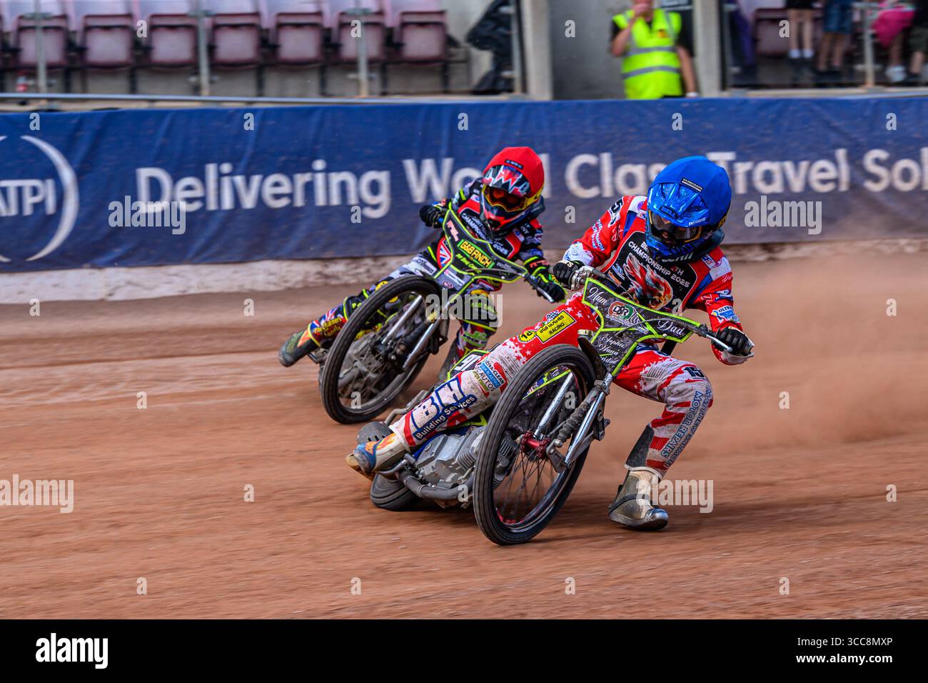 Ollie Binns (91) in Blue leading Archie Rolph (3) in Red during the British Youth Speedway ...