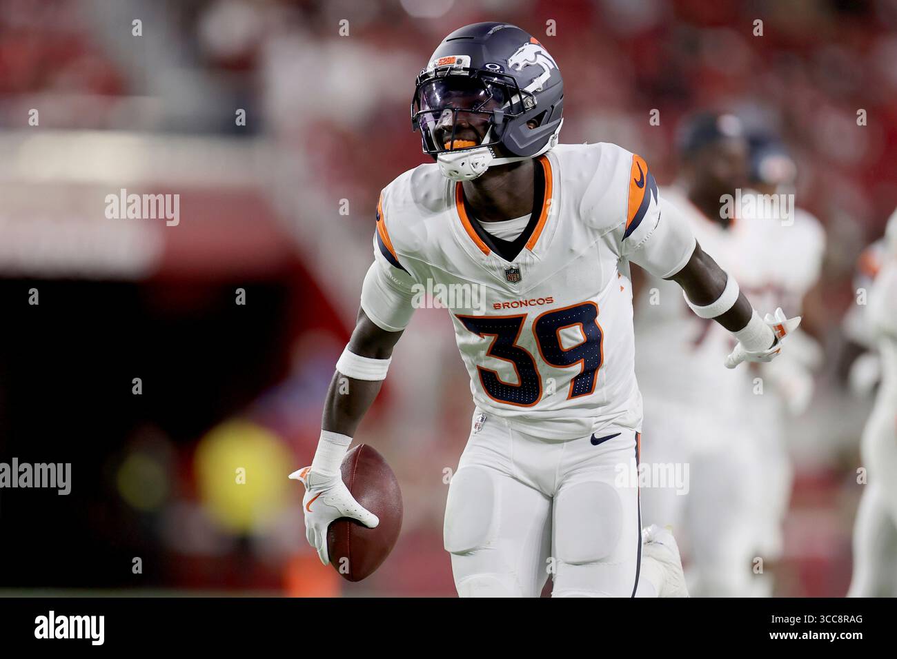 Denver Broncos cornerback Joshua Pickett (39) reacts after a play ...