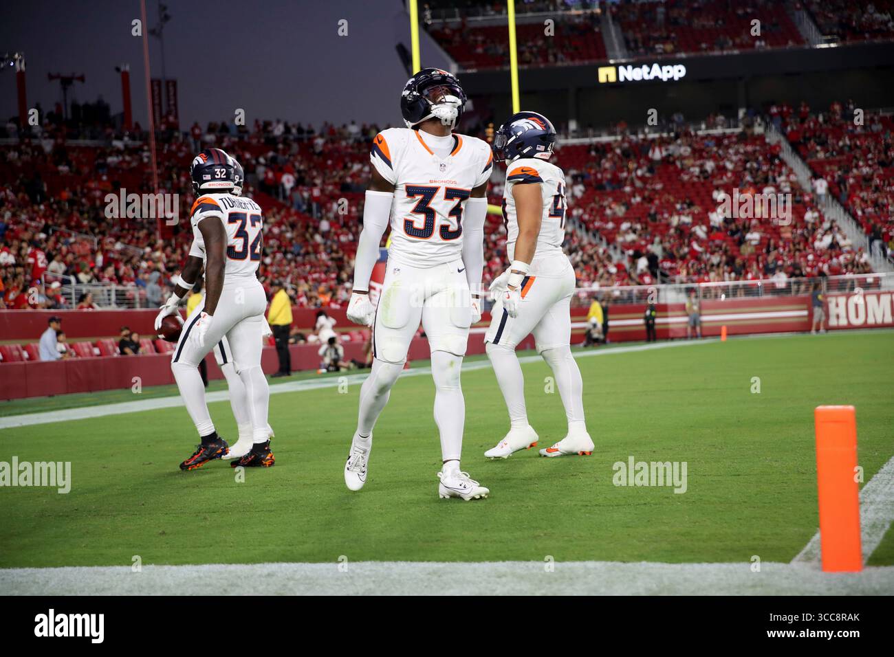 Denver Broncos cornerback Jaden Robinson (33) reacts after a play ...