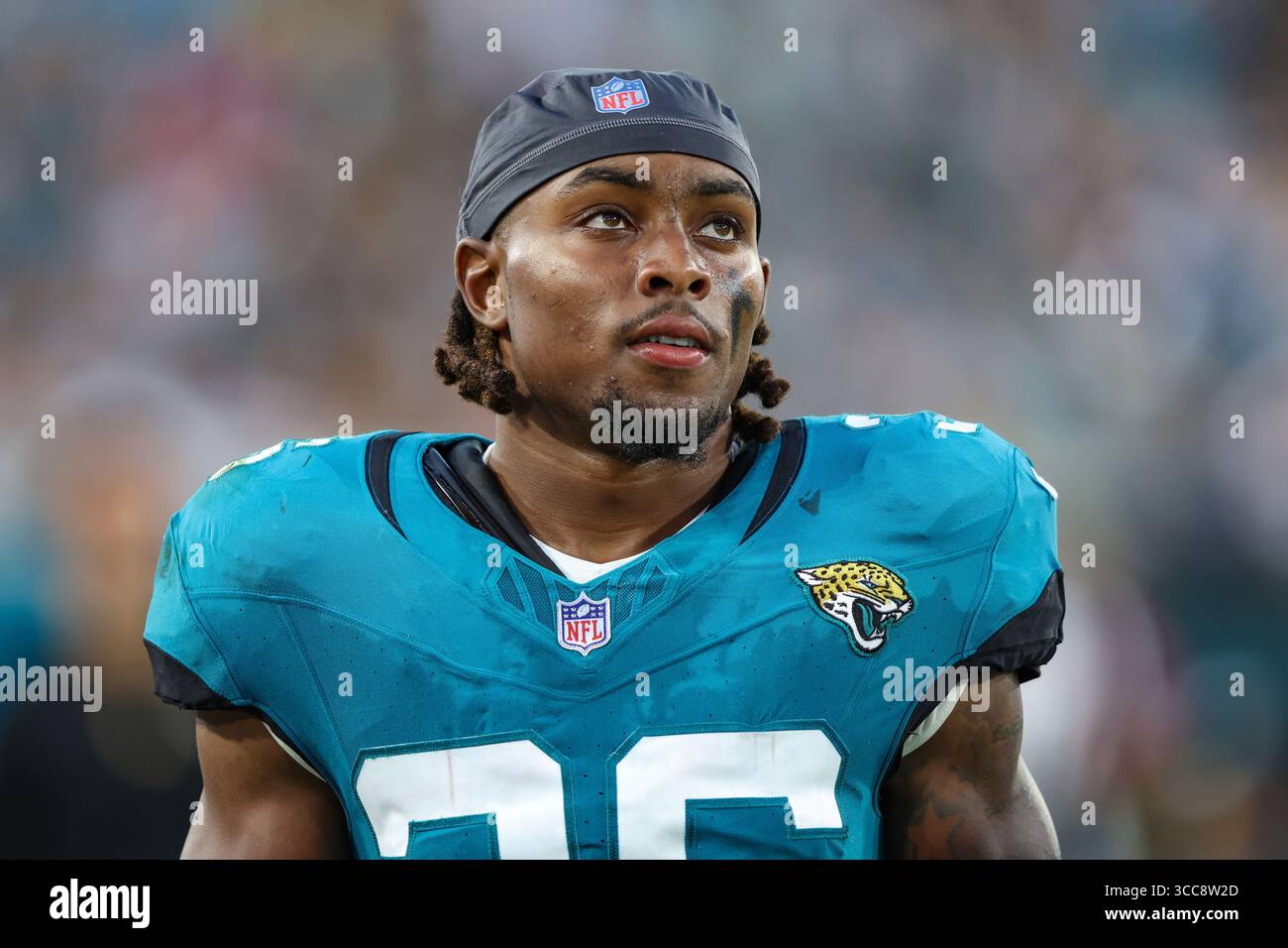 Jacksonville Jaguars running back LeQuint Allen Jr. (36) walks the ...