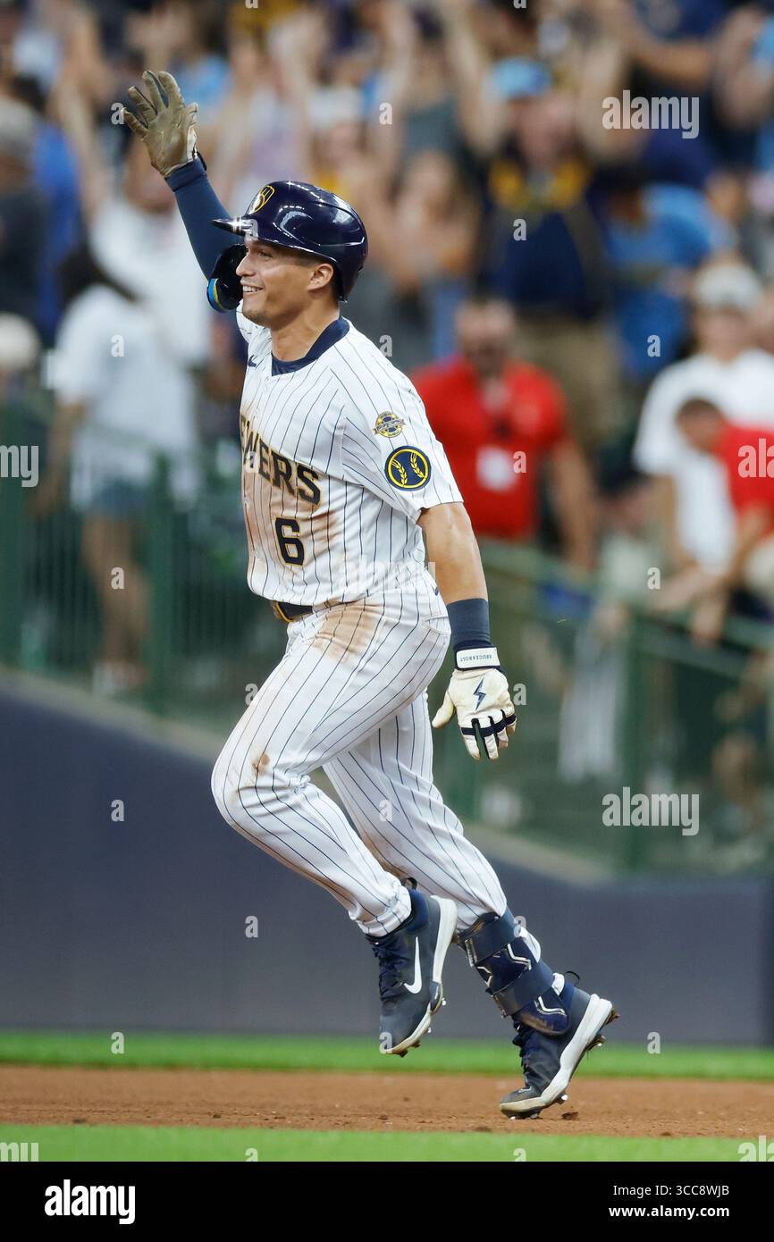MILWAUKEE, WI - AUGUST 10: Isaac Collins #6 of the Milwaukee Brewers ...