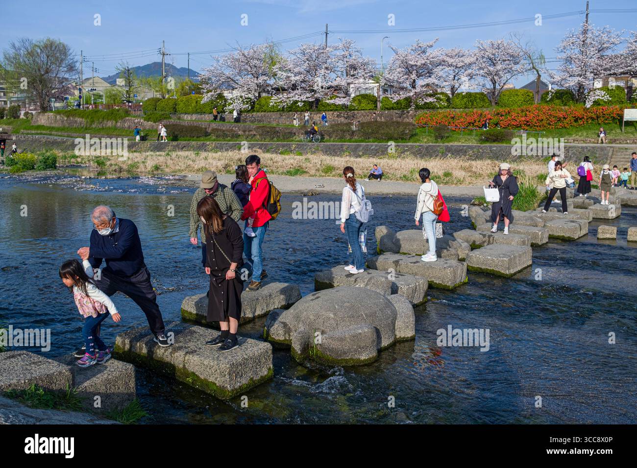 Adults and children testing their courage by crossing the Takano River ...