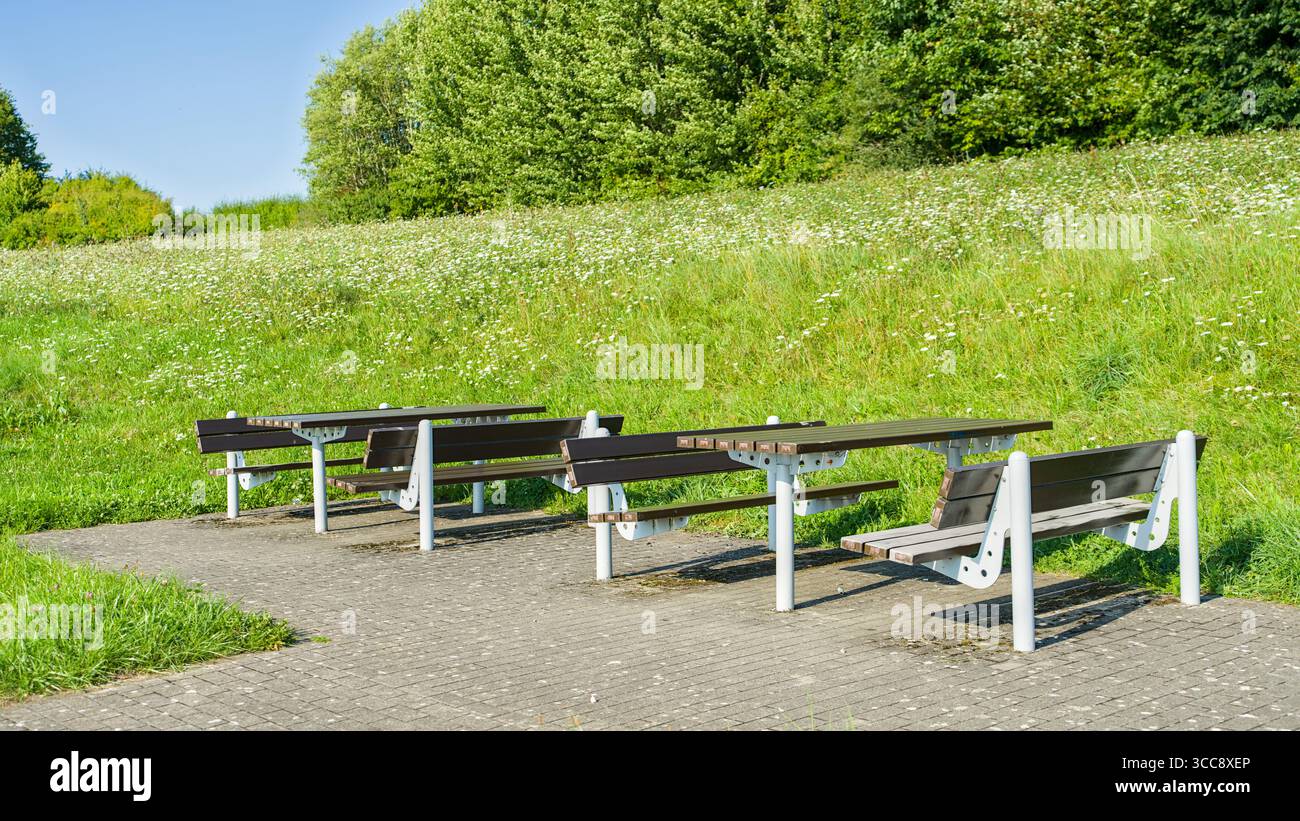 Picnic tables at a highway rest area, outdoor seating for travelers ...