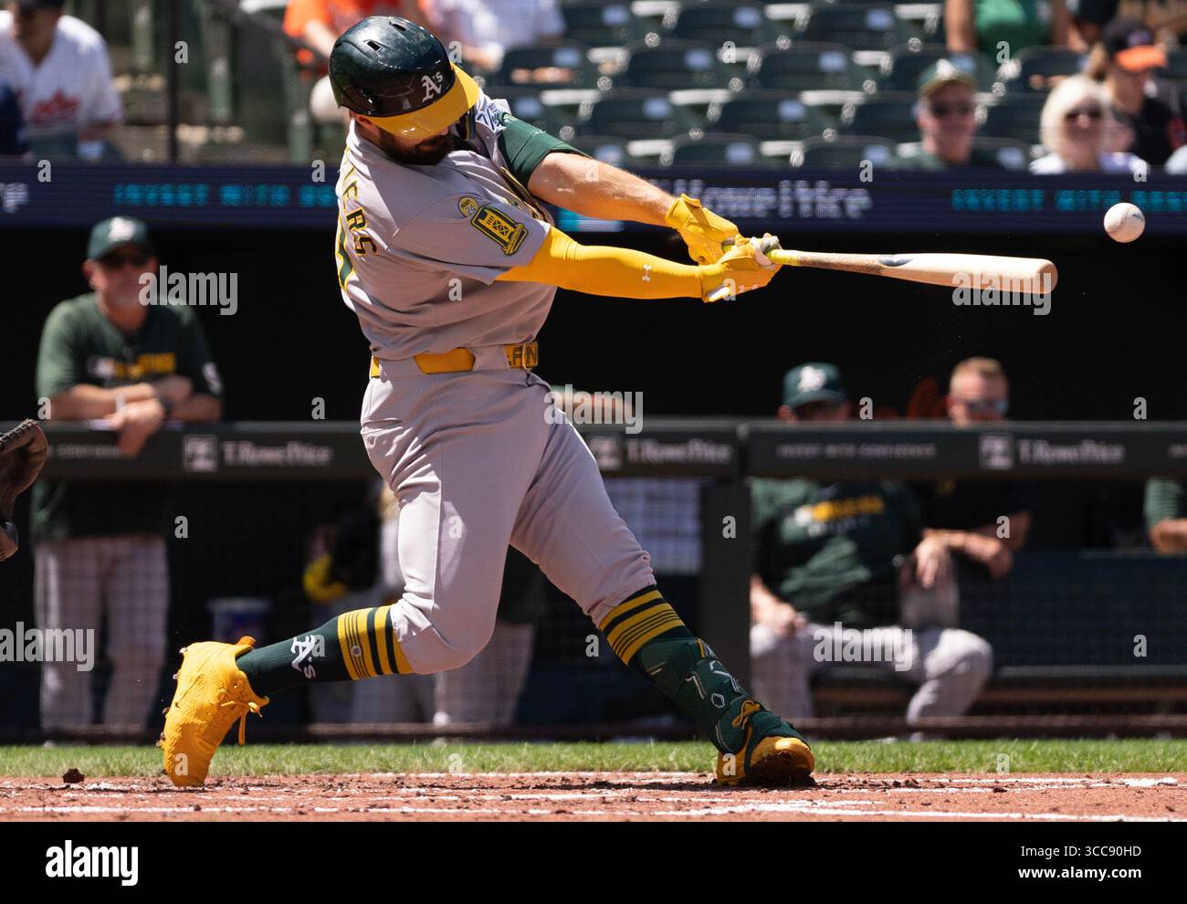 BALTIMORE, MD - AUGUST 10: Athletics catcher Shea Langeliers (23) makes ...