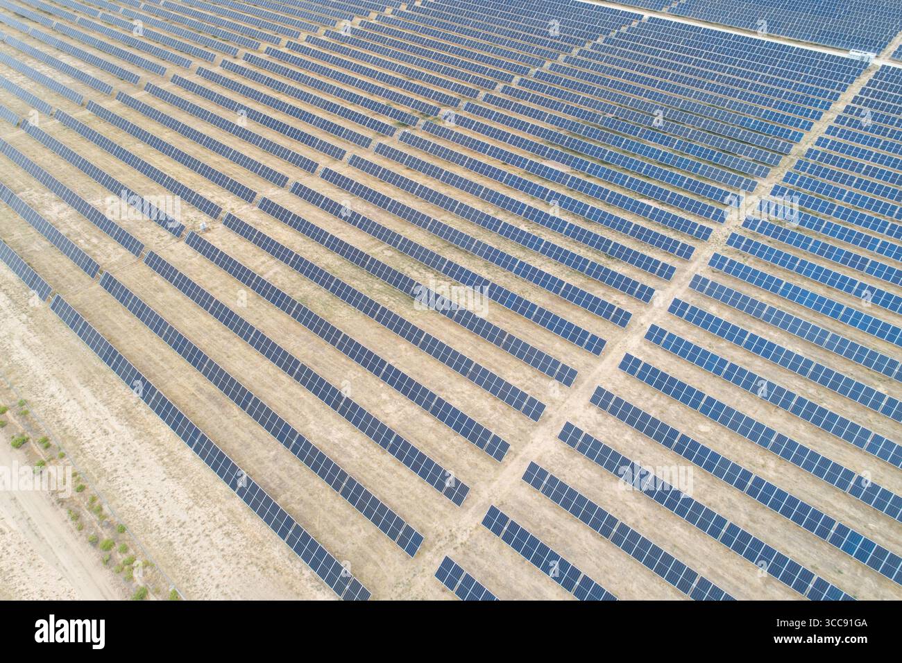 A large field of solar panels is shown from above. The panels are ...
