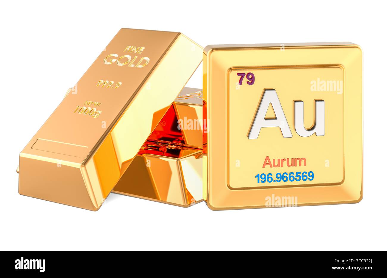 Gold bullion bars with periodic table Au element. 3D rendering isolated ...