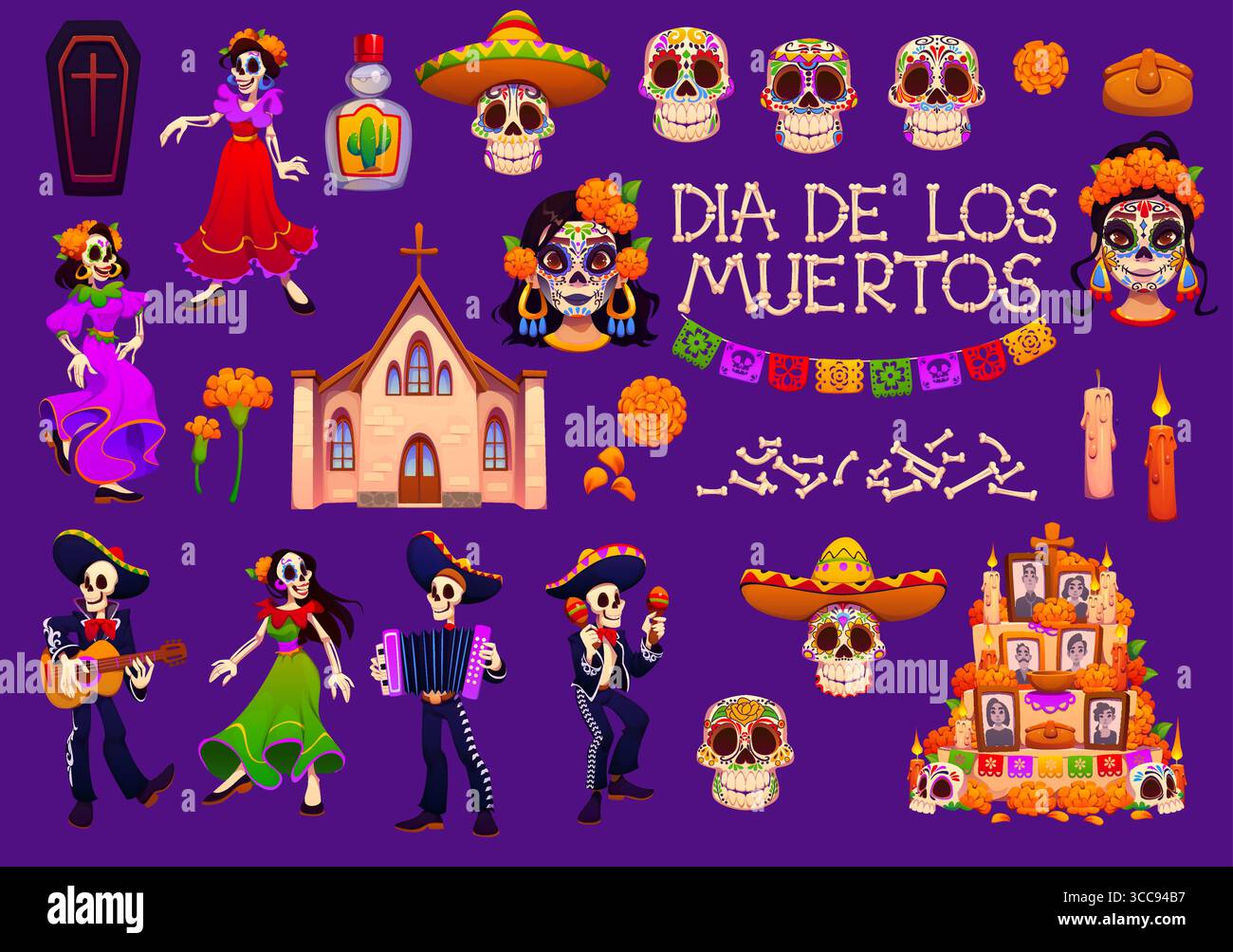 Day of the dead characters dia de los Muertos mariachi, Catrin, sugar ...